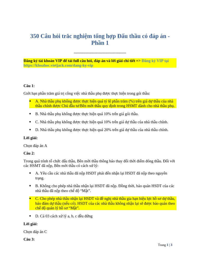 350 Cau Hoi Trac Nghiem Tong Hop Dau Thau Co Dap An Phan 1 - 2025 - 10 ...