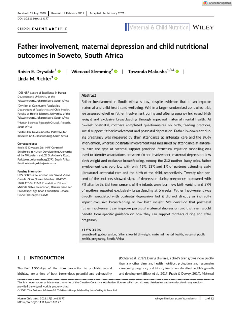 Maternal Child Nutrition - 2021 - Drysdale - Father Involvement ...