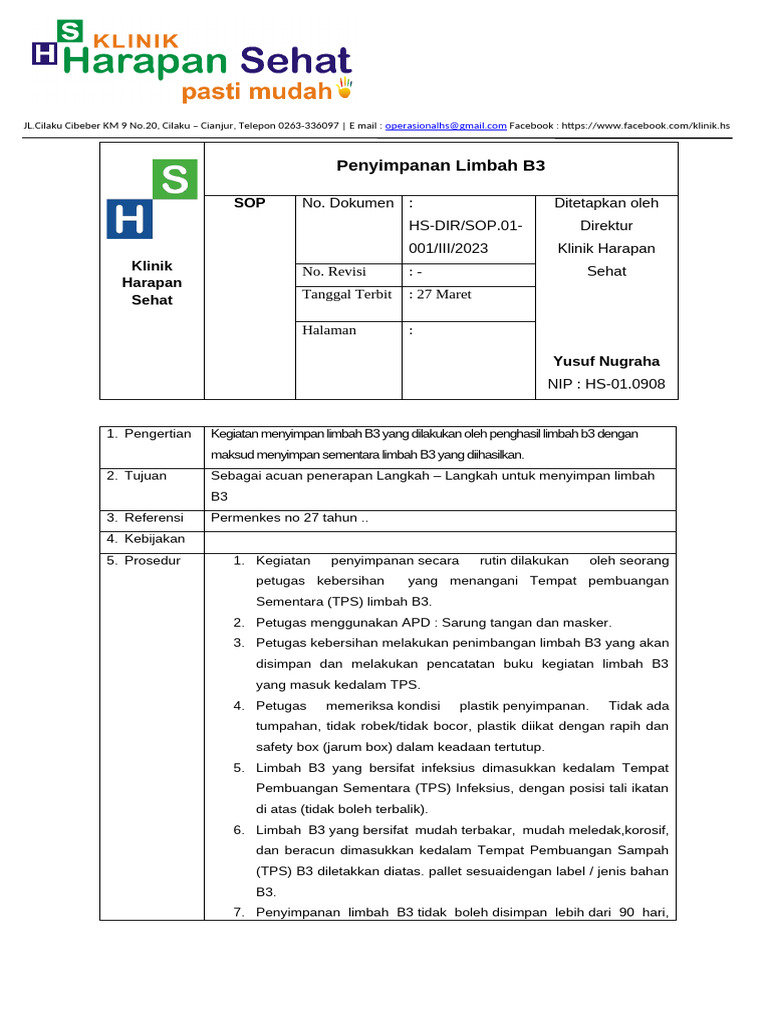 SOP Penyimpanan Limbah B3 Klinik Sehat | PDF