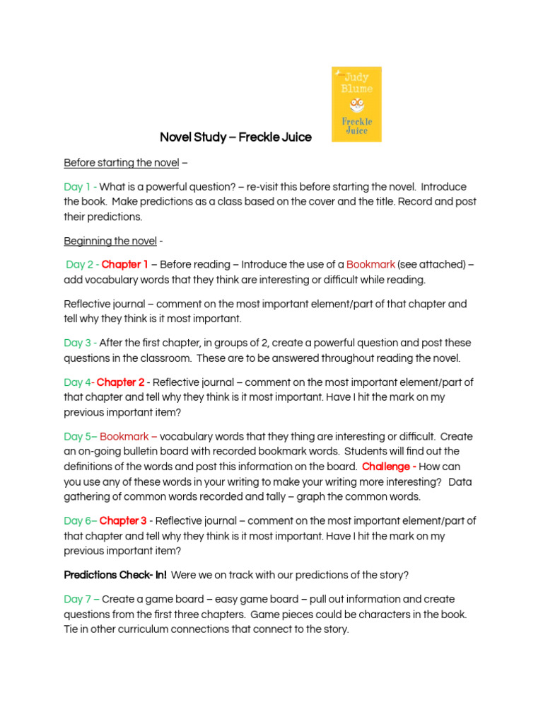 Freckle Juice Novel Study Guide | PDF | Human Communication | Learning