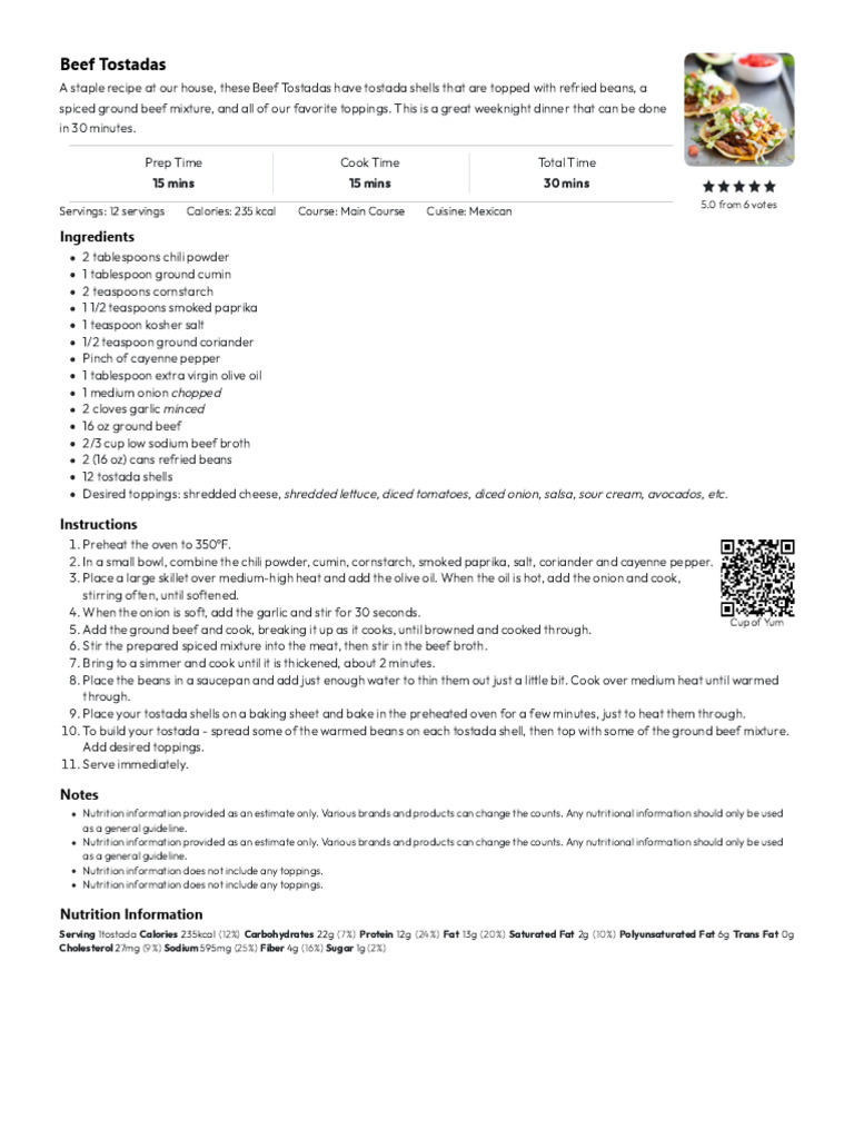 Beef Tostadas - Print Recipe - Cup of Yum | PDF | Nutrition Facts Label ...