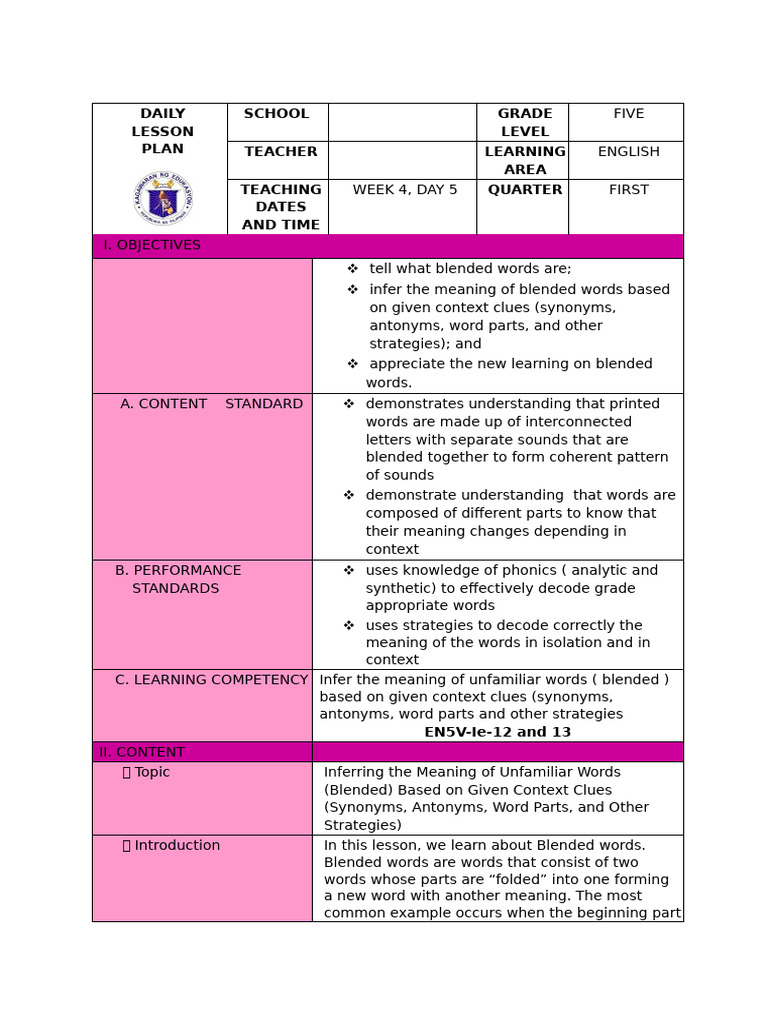 Lesson Plan: Understanding Blended Words | PDF | Phonics | Learning