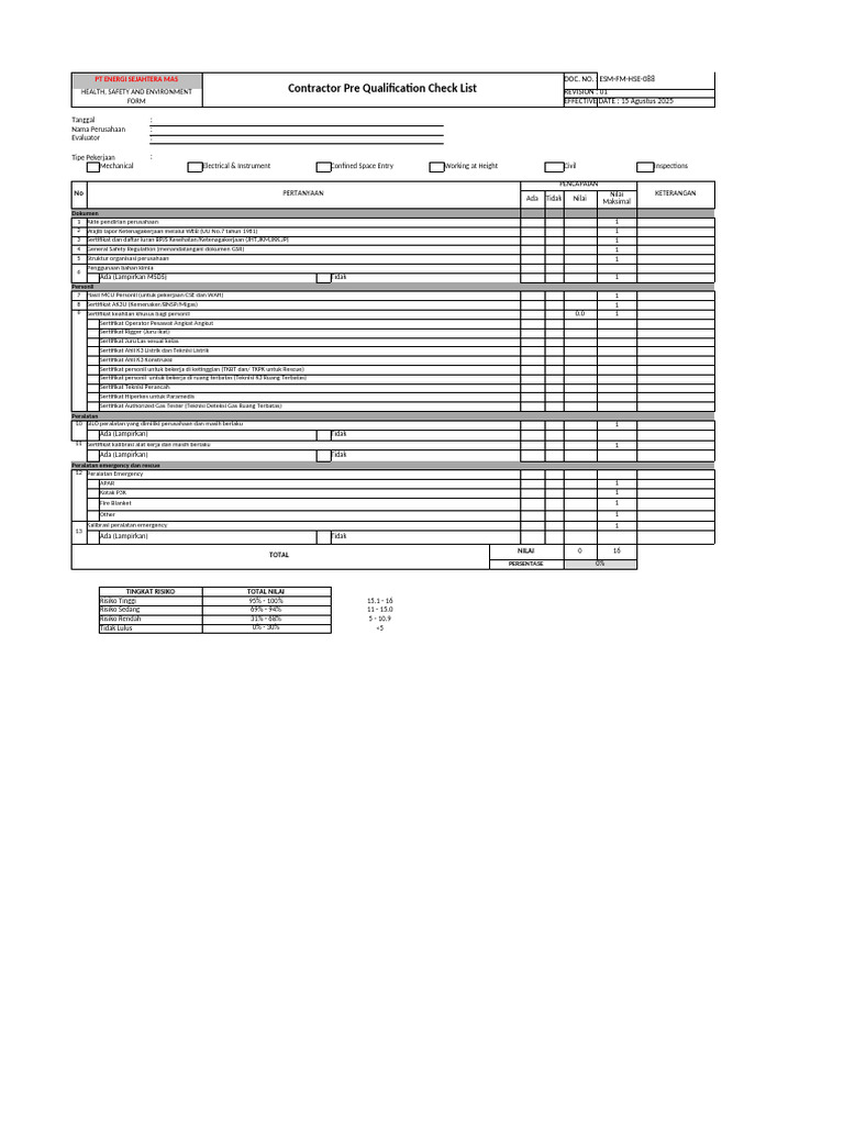 ESM-FM-HSE-088 Contractor Pre Qualification Check List Rev.01 | PDF