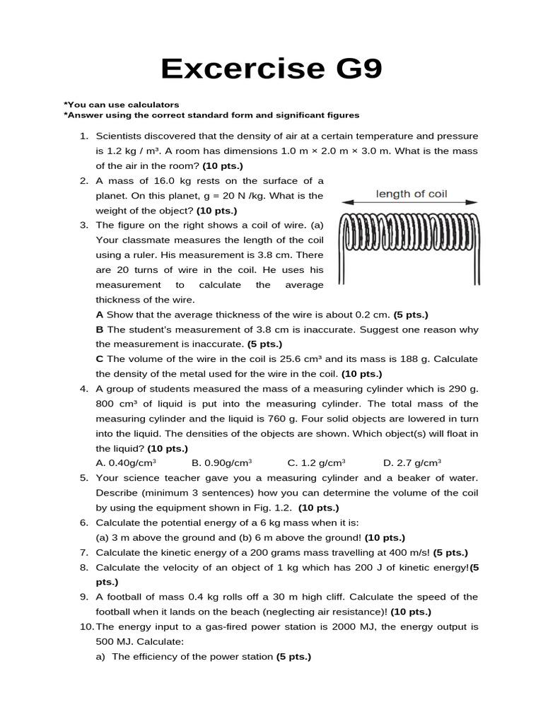 Physics Exercises on Density and Energy | PDF | Density | Mass