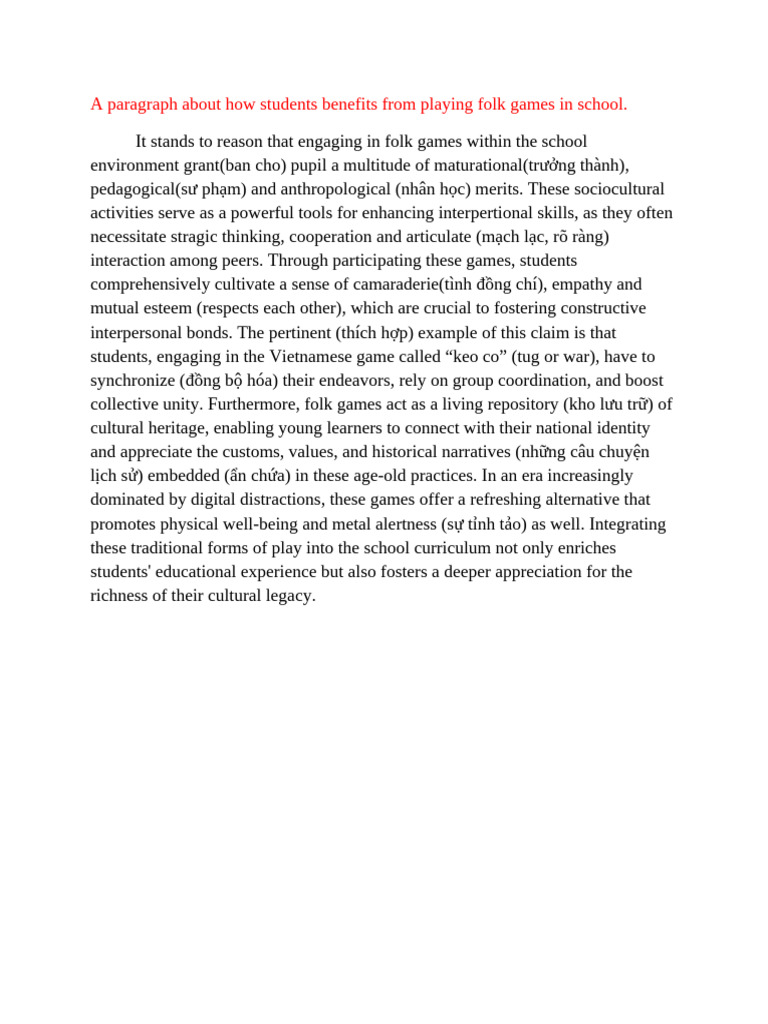 A Paragraph About How Students Benefits From Playing Folk Games in ...