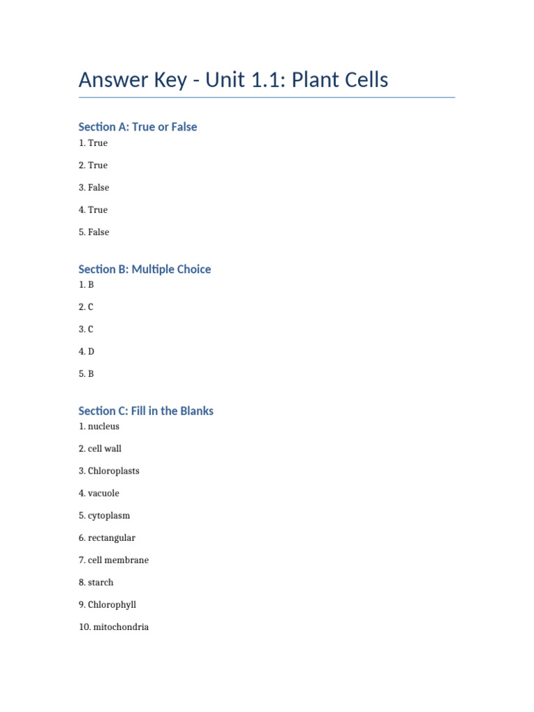 Plant Cells Answer Key Unit1.1 | PDF