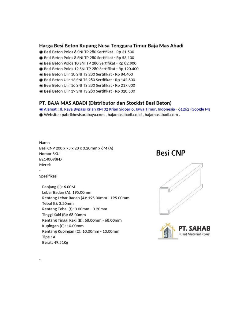 Harga Besi Beton Kupang NTT 2023 | PDF