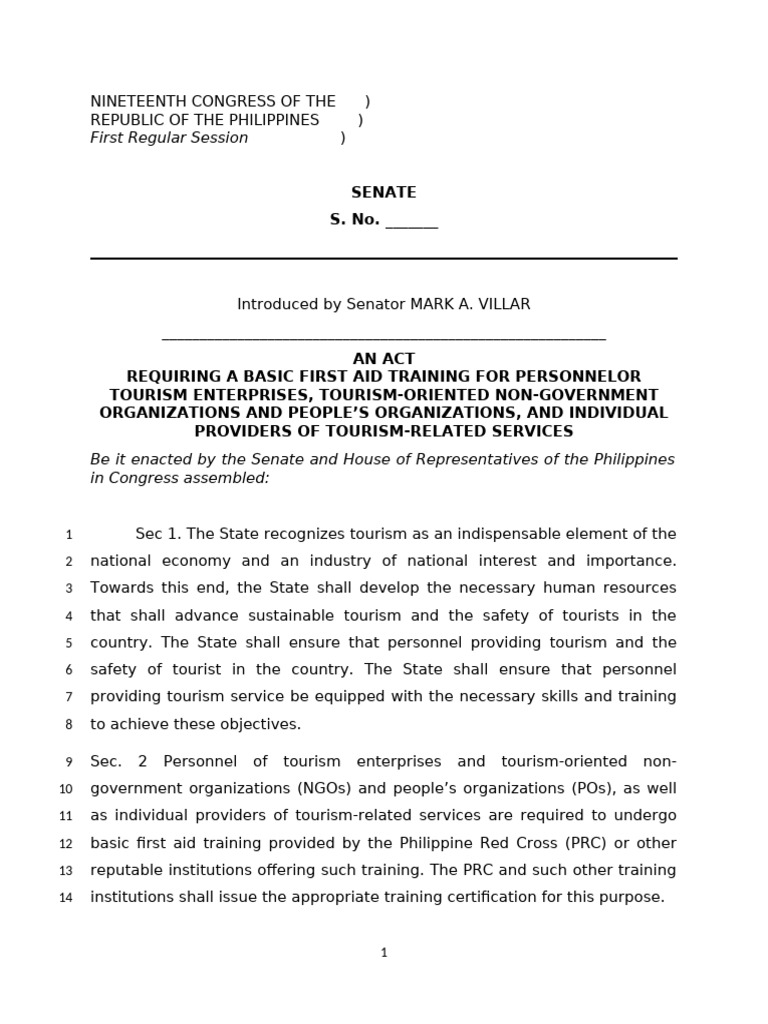 Draft Bill - Requiring A Basic First Aid Training For Personnel or ...