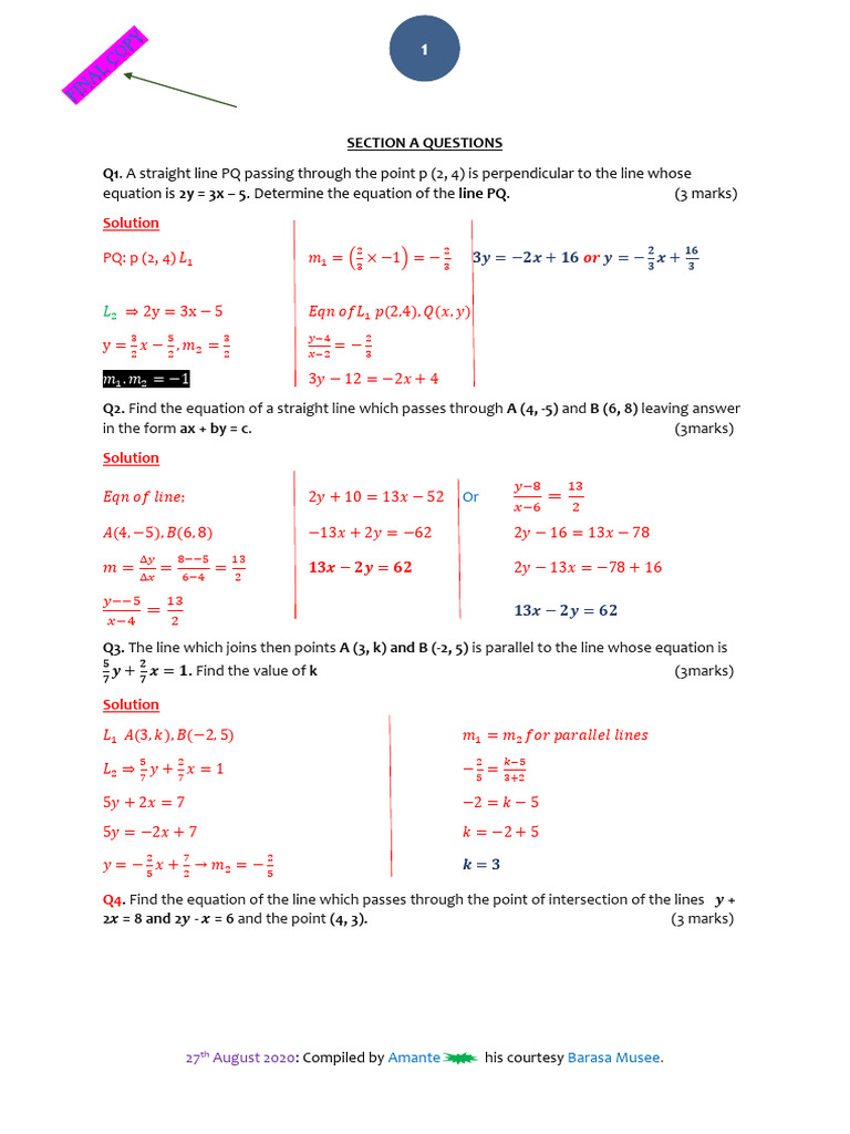 Form Two Linear Equations | PDF | Line (Geometry) | Cartesian ...