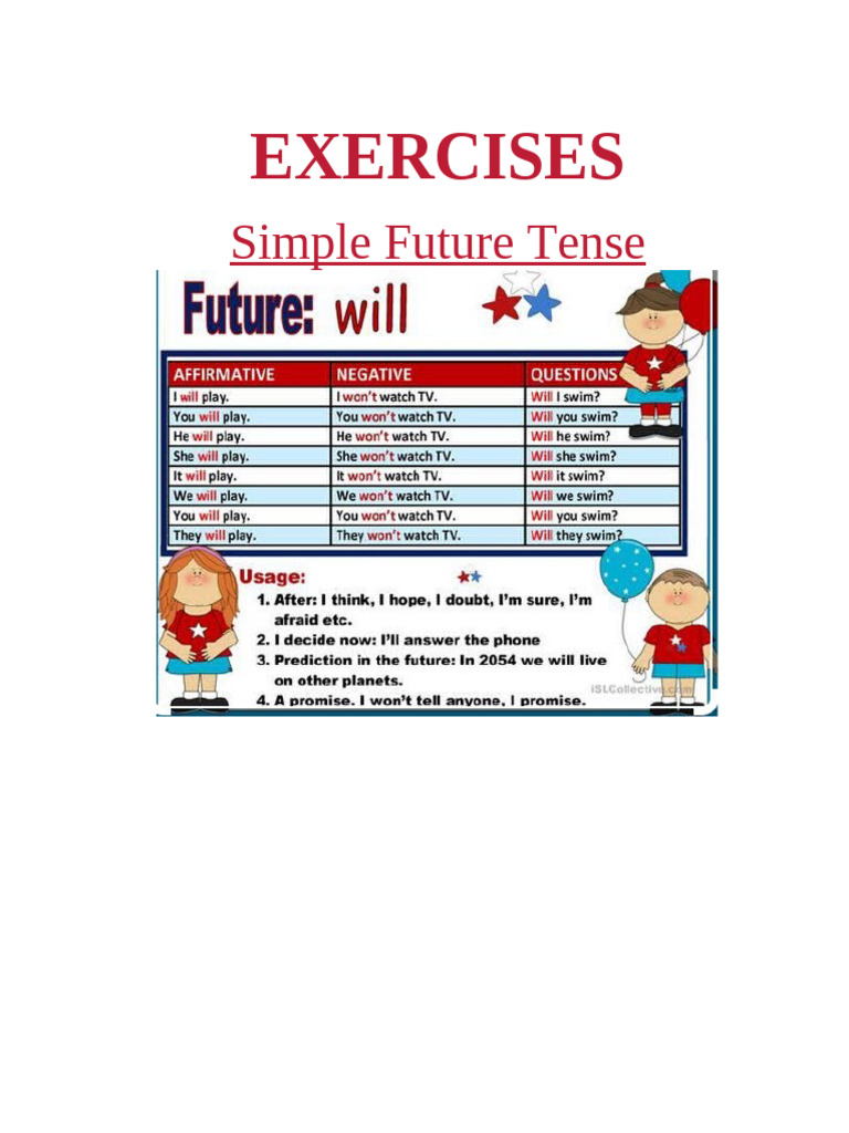 Future Simple Tense Exercises | PDF
