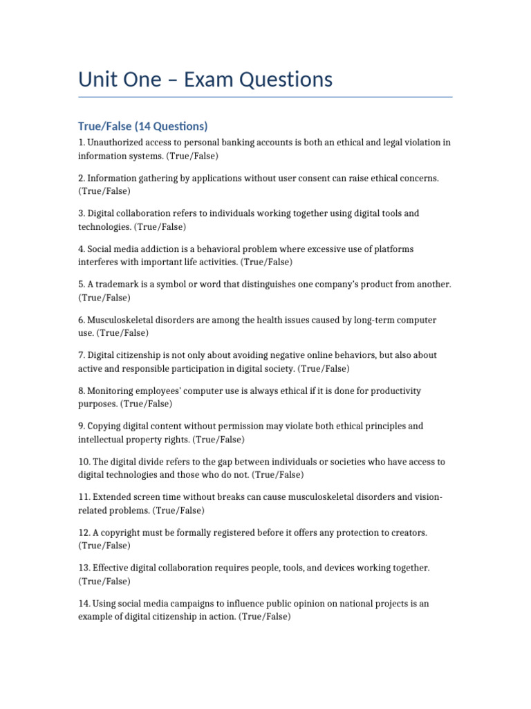 Unit One Exam Questions | PDF | Plagiarism | Biometrics