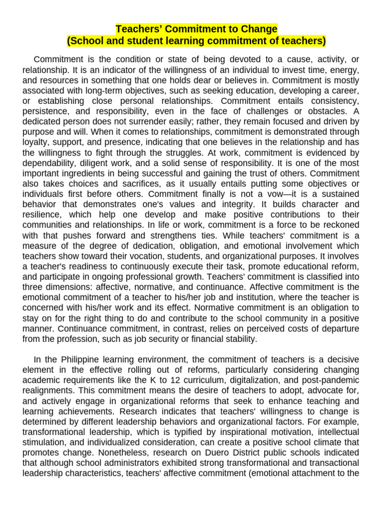 Teachers Commitment To Change - FINAL | PDF | Leadership | Teachers