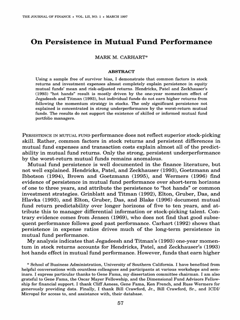 Carhart's 1997 Mutual Fund Performance Analysis | PDF | Mutual Funds ...