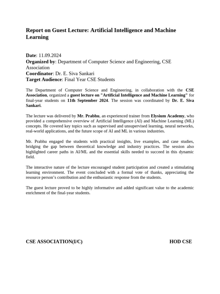 Report On Guest Lecture On AIML | PDF