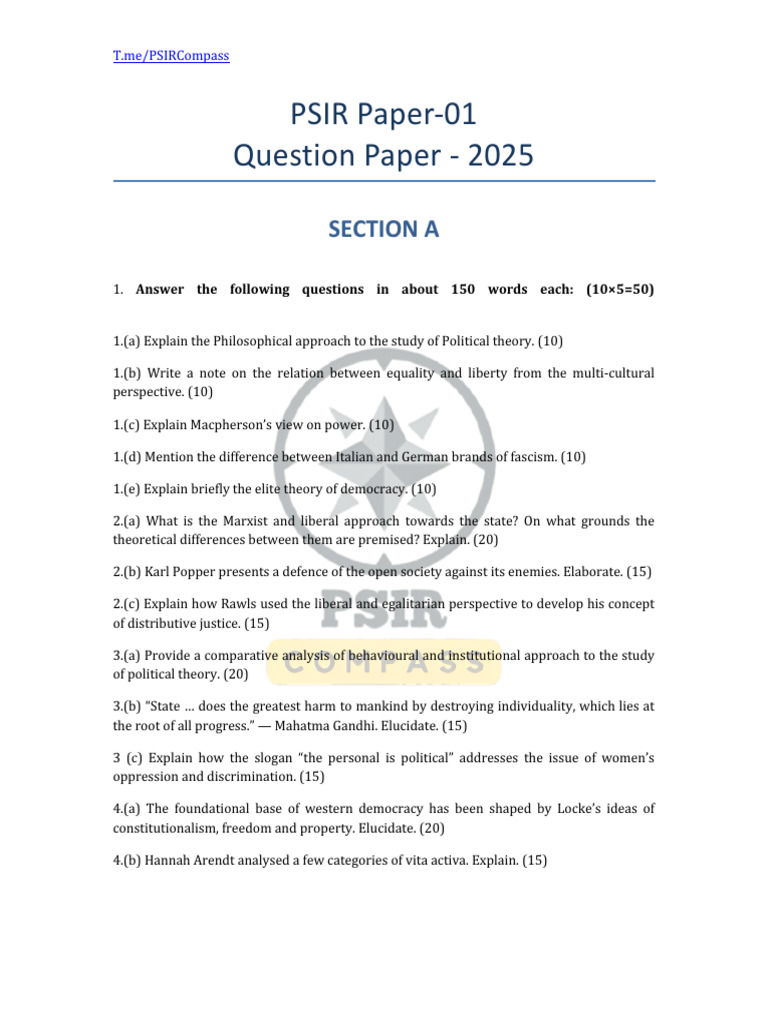 PSIR Paper 1 Question Set 2025 | PDF | Political Philosophy ...