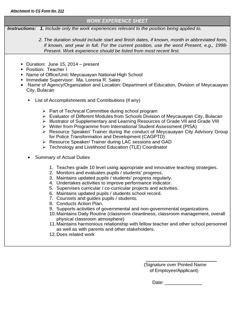 Teacher I Work Experience Sheet | PDF | Teachers | Learning