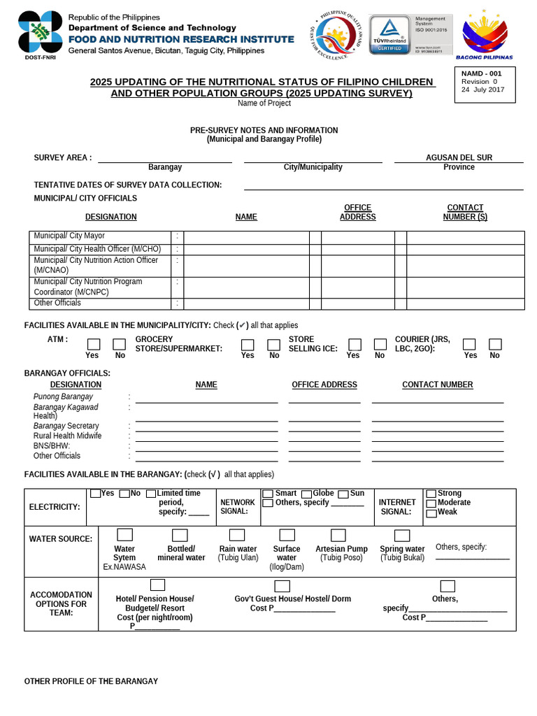 DOST FNRI Presurvey Notes Agusan Del Sur | PDF