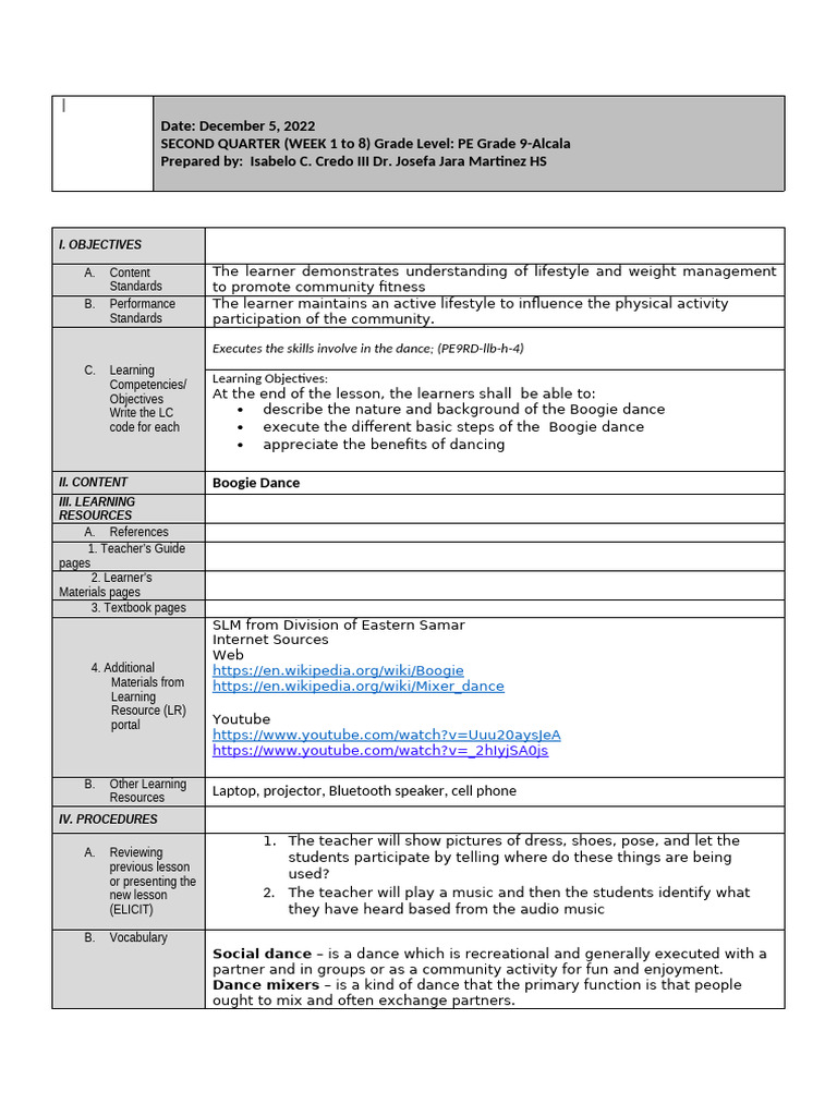 DLP Social Dancing Grade 9 PE | PDF | Dances | Learning