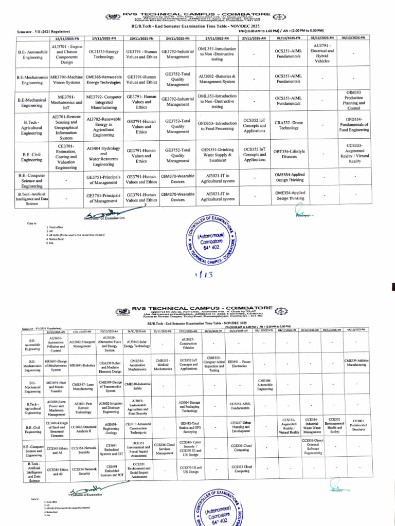 End Semester Exam Timetable 2025 | PDF | Engineering | Mechatronics