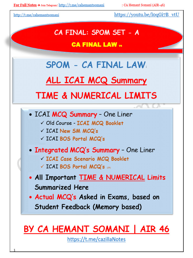 SPOM A Law MCQ Summary & Time Numerical Limit | PDF | Business | Corporations
