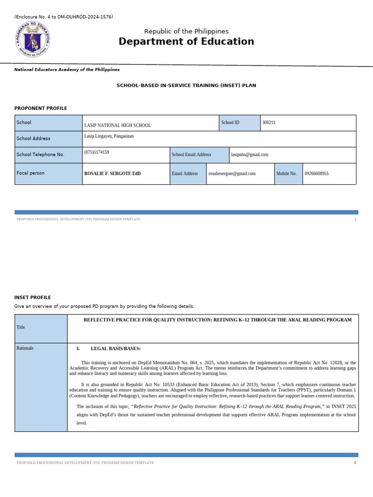 Enclosure No. 4 School-Based INSET Plan | PDF | Learning | Curriculum