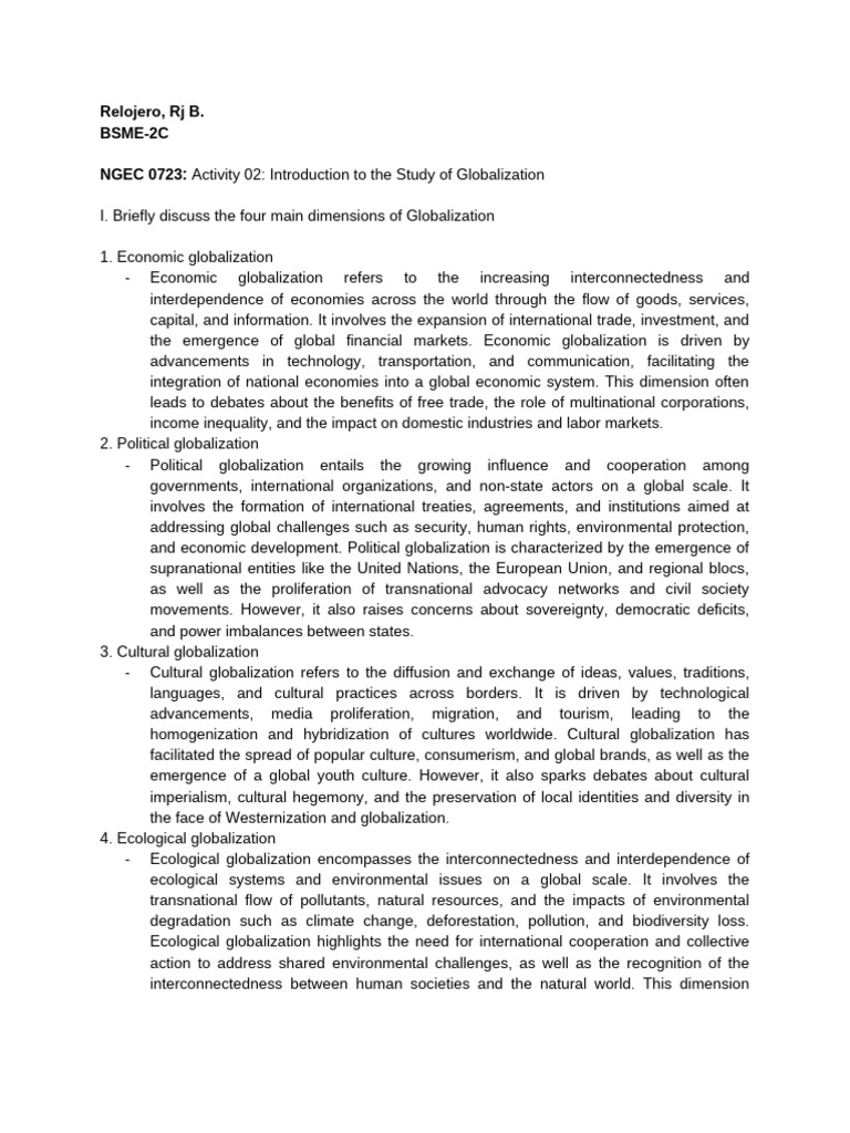 Understanding Globalization Dimensions | PDF | Globalization | Cultural ...