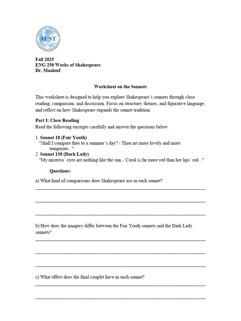 Worksheet On Sonnet Analysis | PDF | Shakespeare's Sonnets | Literary ...