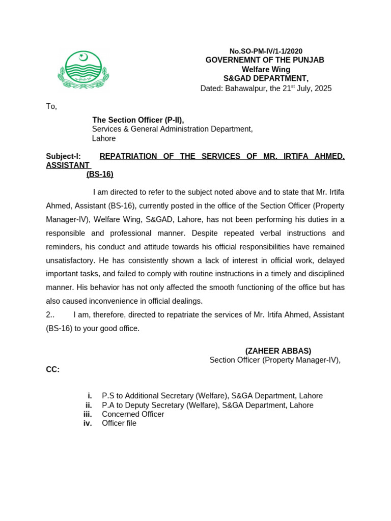 Repatriation Notice for Mr. Irtifa Ahmed | PDF