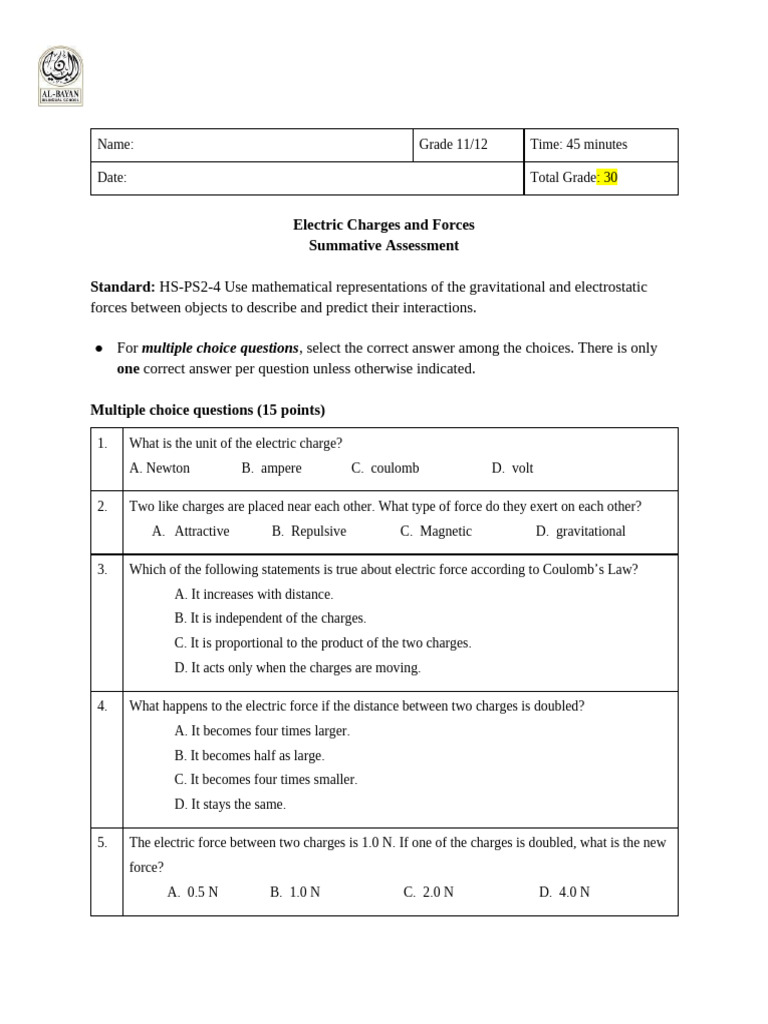 Electric Charges and Forces Assessment | PDF | Electric Charge | Force