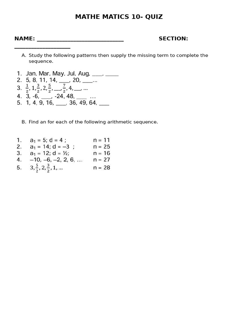 Mathematics 10 Quiz on Sequences | PDF