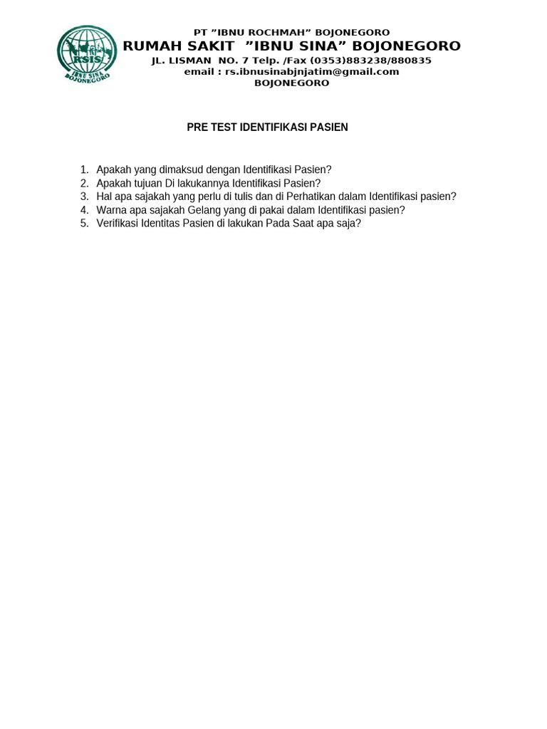 Pre Test Dan Post Test Identifikasi Pasien | PDF