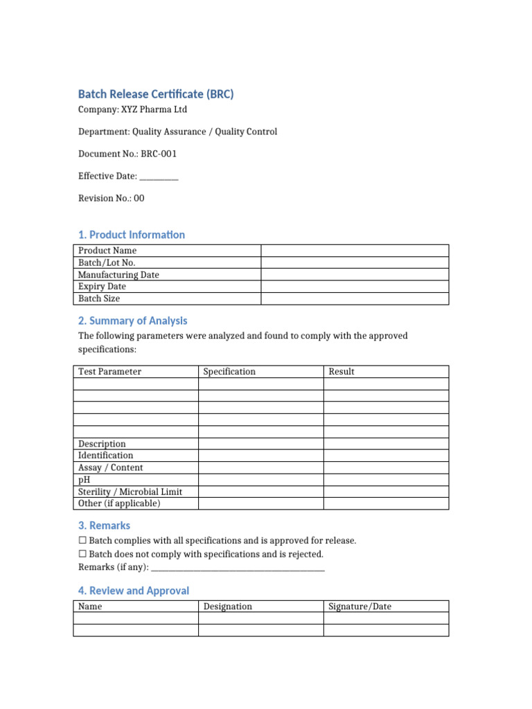 Batch Release Certificate Format | PDF
