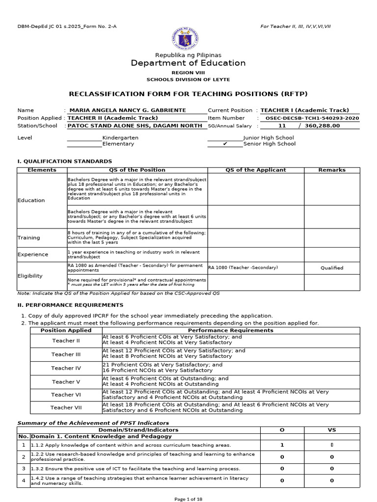 Teacher II Reclassification Form 2025 | PDF | Educational Assessment ...