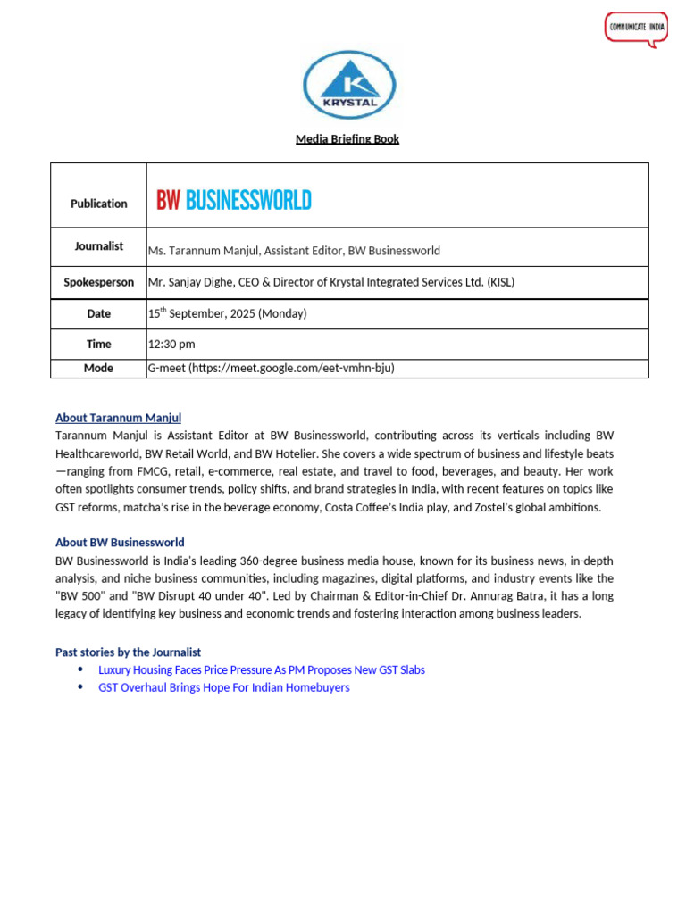 Krystal Media Briefing Book - BW Businessworld | PDF