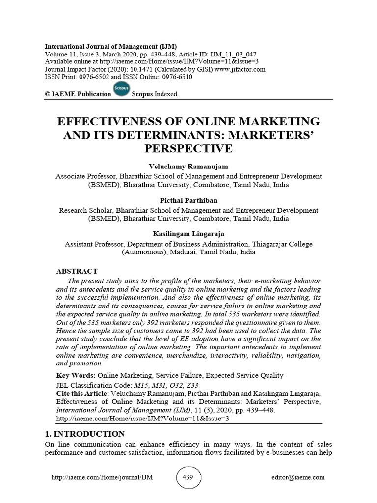 Effectiveness of Online Marketing and Its Determinants: Marketers ...