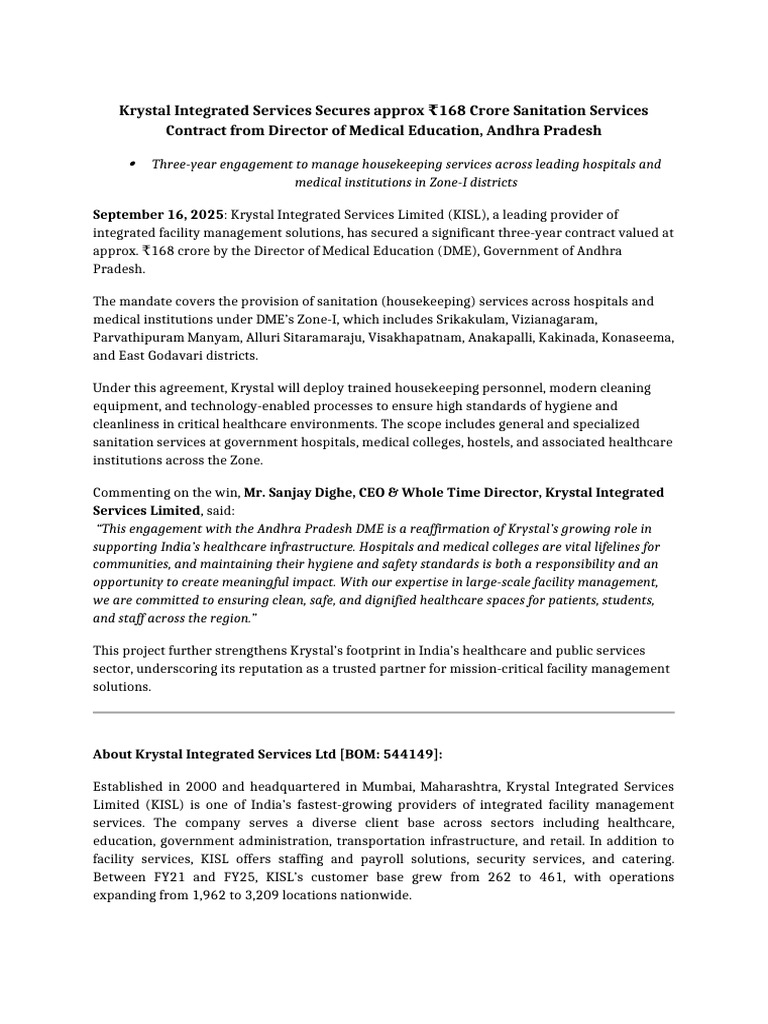 Press Release - Krystal Integrated Services Secures Approx 168 Crore ...