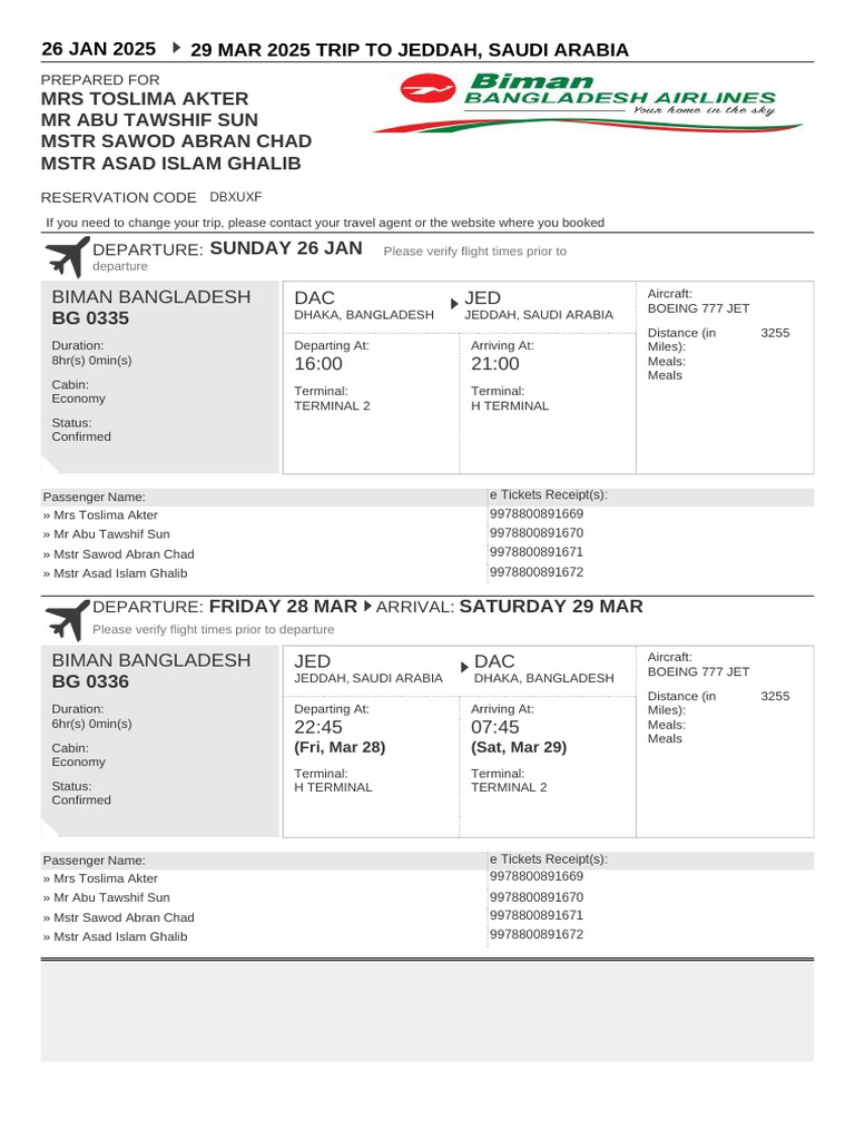 Electronic Tickets Receipts JAN 26 For MRS TOSLIMA AKTER | PDF ...