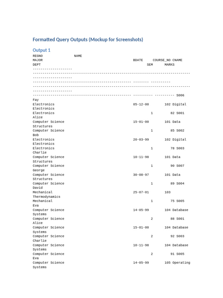 Formatted Query Outputs Mockup | PDF | Databases | Information Retrieval