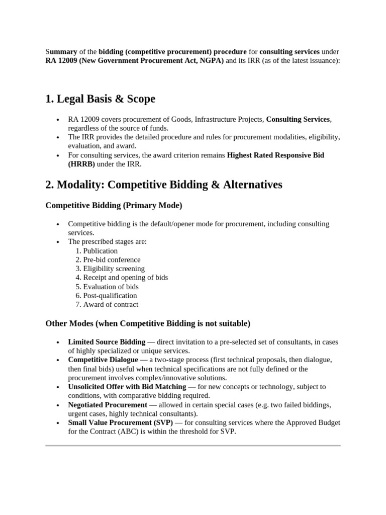 Summary of Bidding Procedure For Consulting Services | PDF | Procurement