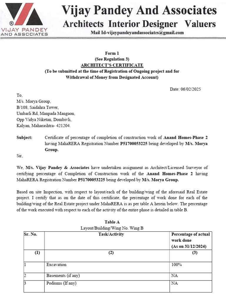 Architect's Certificate for Anand Homes Completion | PDF | Elevator ...