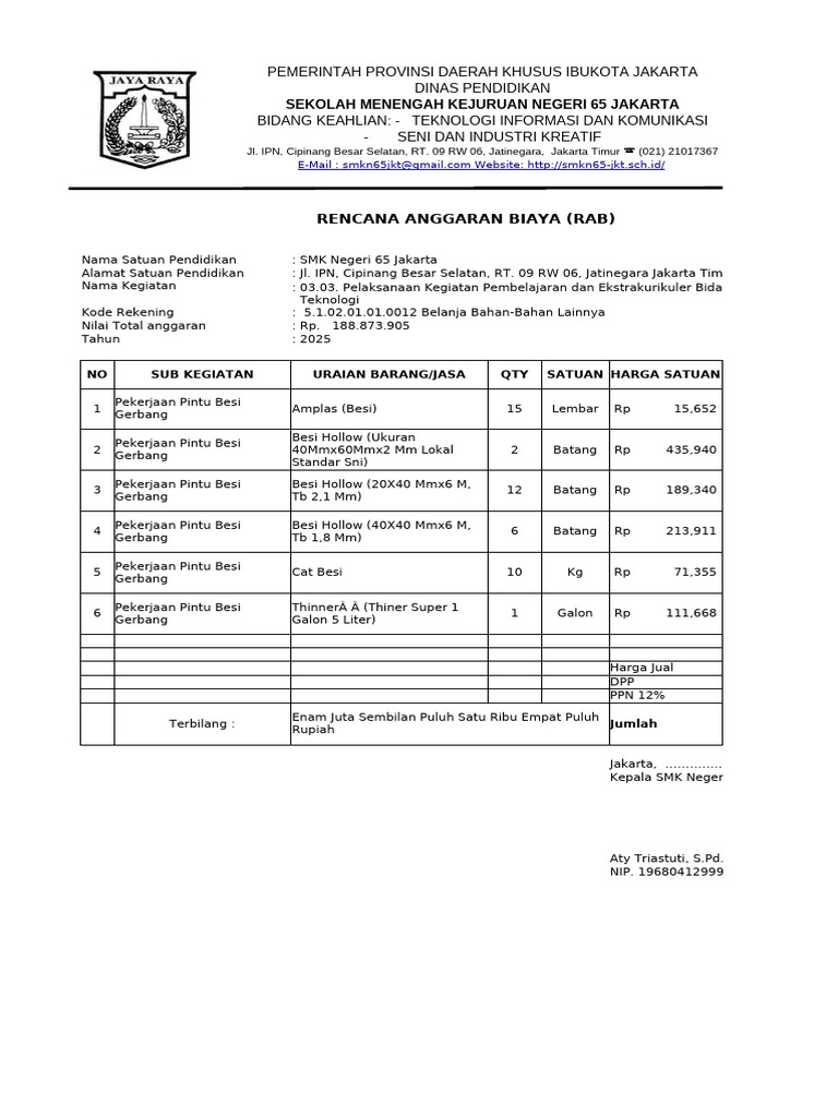 RAB SMK Negeri 65 Jakarta 2025 | PDF