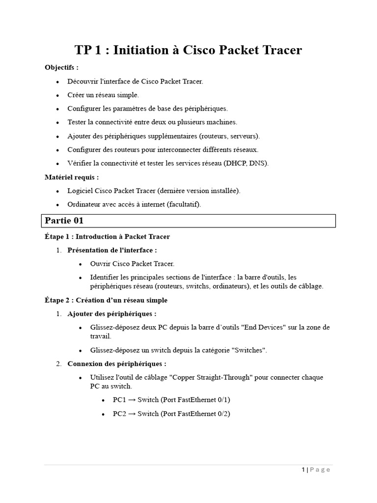 Initiation à Cisco Packet Tracer : TP 1 | PDF | Adresse IP | Routeur