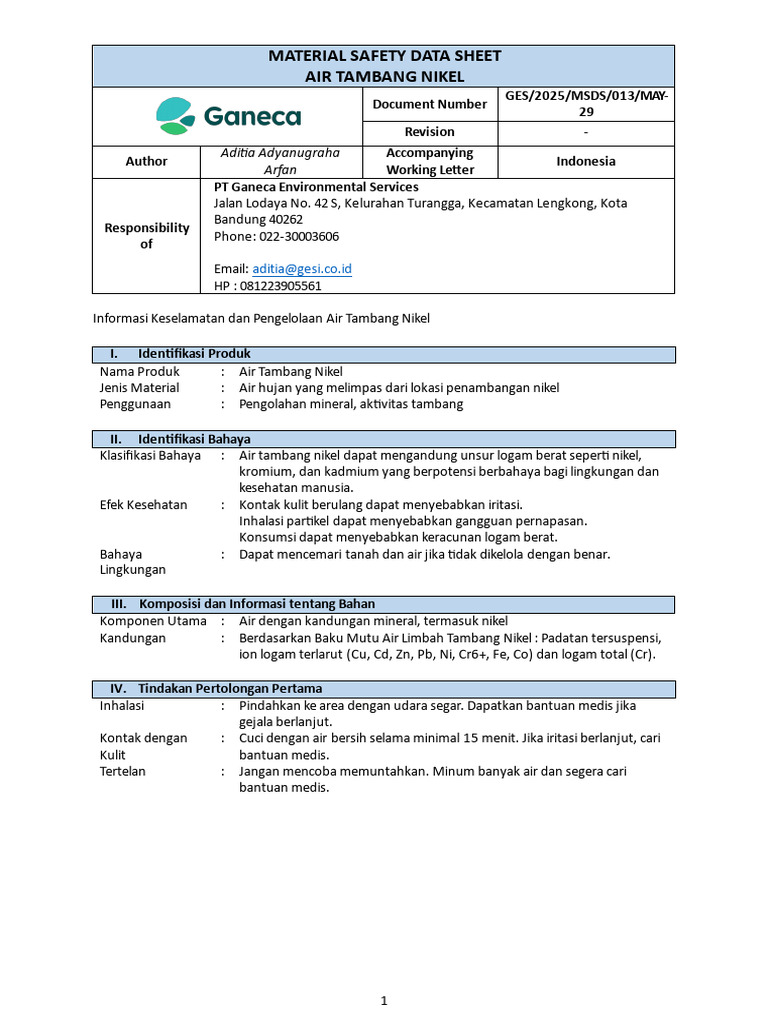 Msds Air Tambang Nikel | PDF