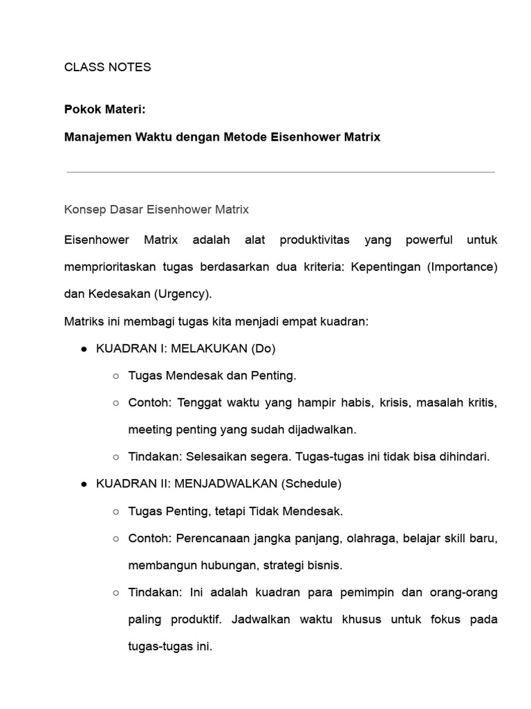 Manajemen Waktu dengan Eisenhower Matrix | PDF