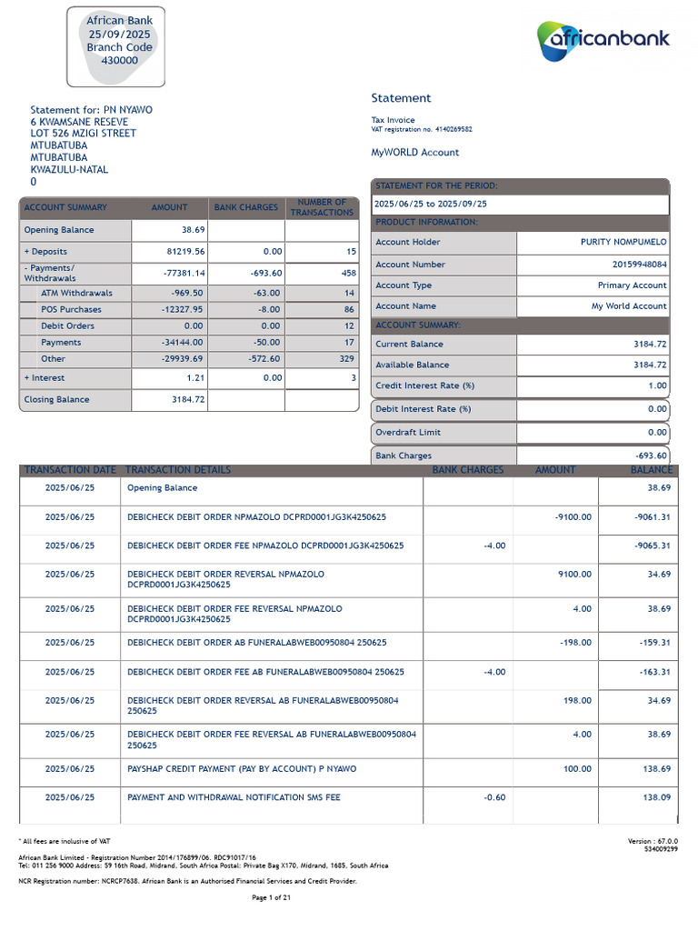African Bank Statement Overview | PDF | Debit Card | Fee