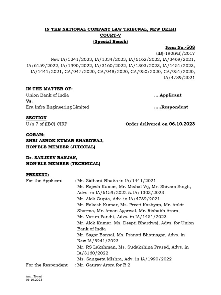 Union Bank vs Era Infra Engineering Case | PDF | Insolvency | Liability ...