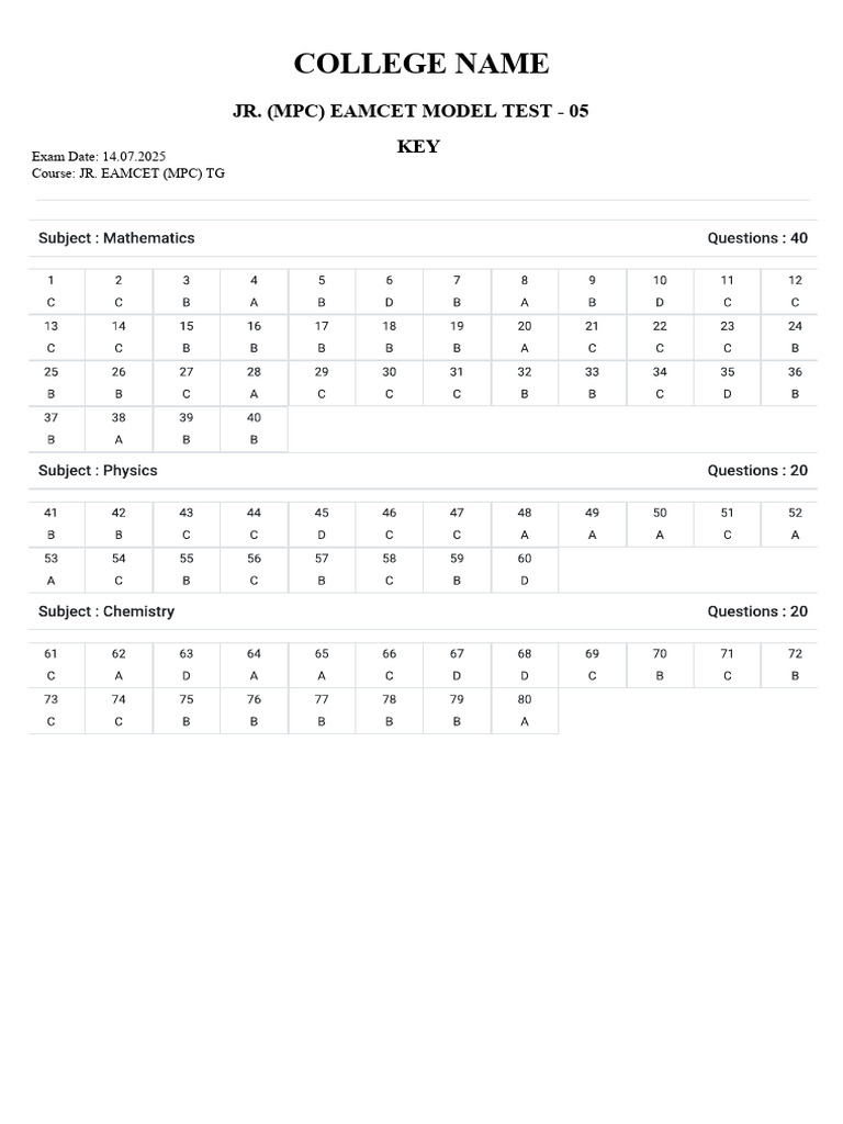 JR (MPC) Eamcet Model Test - 05 Key & Solutions (14.07.2025) TG | PDF