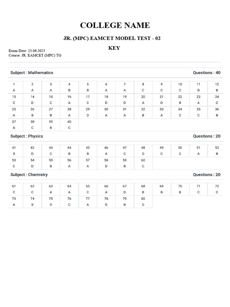 JR (MPC) Eamcet Model Test - 02 Key & Solutions (23.06.2025) TG | PDF