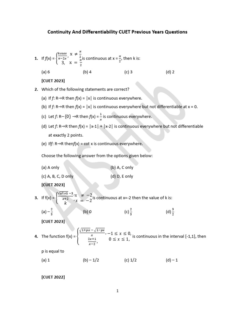 5.continuity and Differentiability CUET PYQs | PDF | Chess Theory | Chess