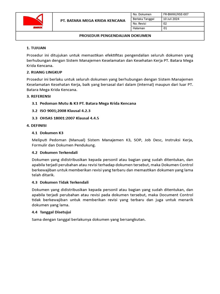 Prosedur Pengendalian Dokumen K3 BMKK | PDF